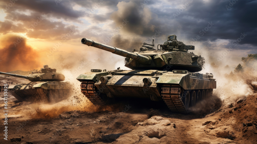 Tanks fighting on battlefield on war or military operation Stock Photo ...