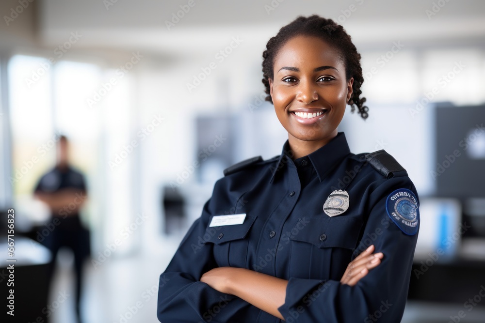 Portrait of black woman cop demonstrating dedicated smiling officer ...