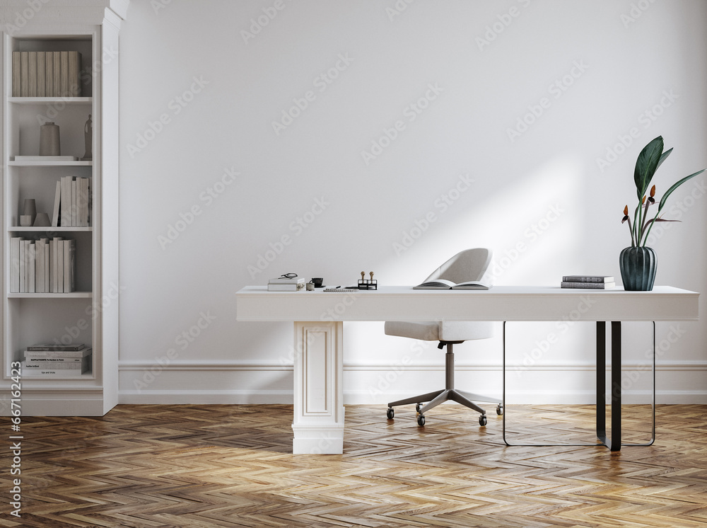 Cozy office interior background, wall mockup, 3d render Stock ...