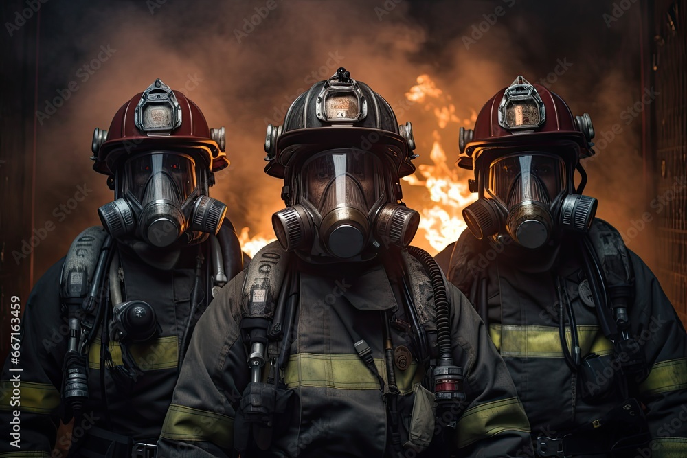 Group of firemen in uniform and gas masks with smoke on background ...