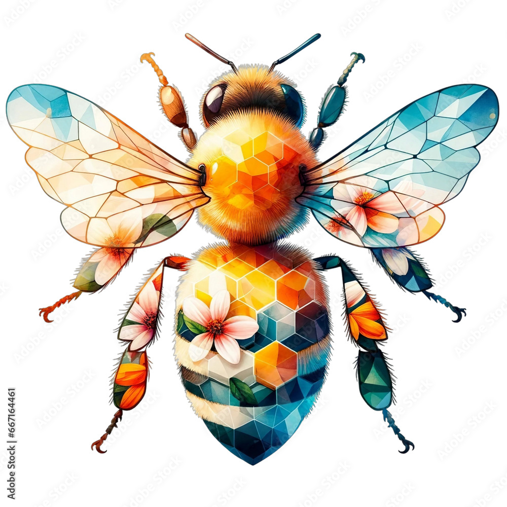 Artistic representation of a bee using watercolor effects, surrounded ...