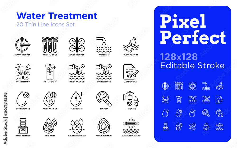 Water treatment thin line icons set: sewage treatment, water filtration ...