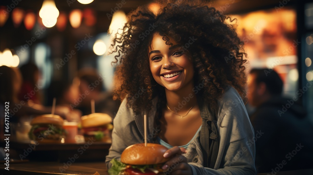 Woman enjoys taste of cheeseburger with eyes gleaming with satisfaction ...
