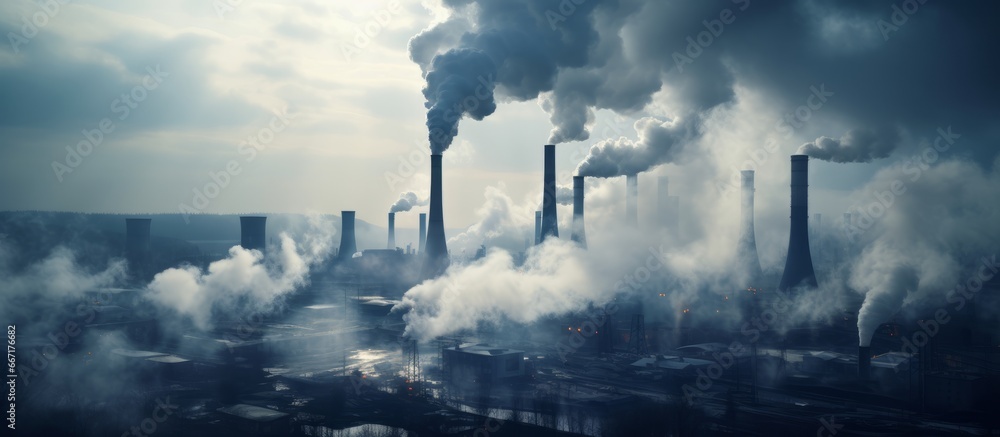 Smog polluted urban landscape. Highly polluted city with factory plants ...