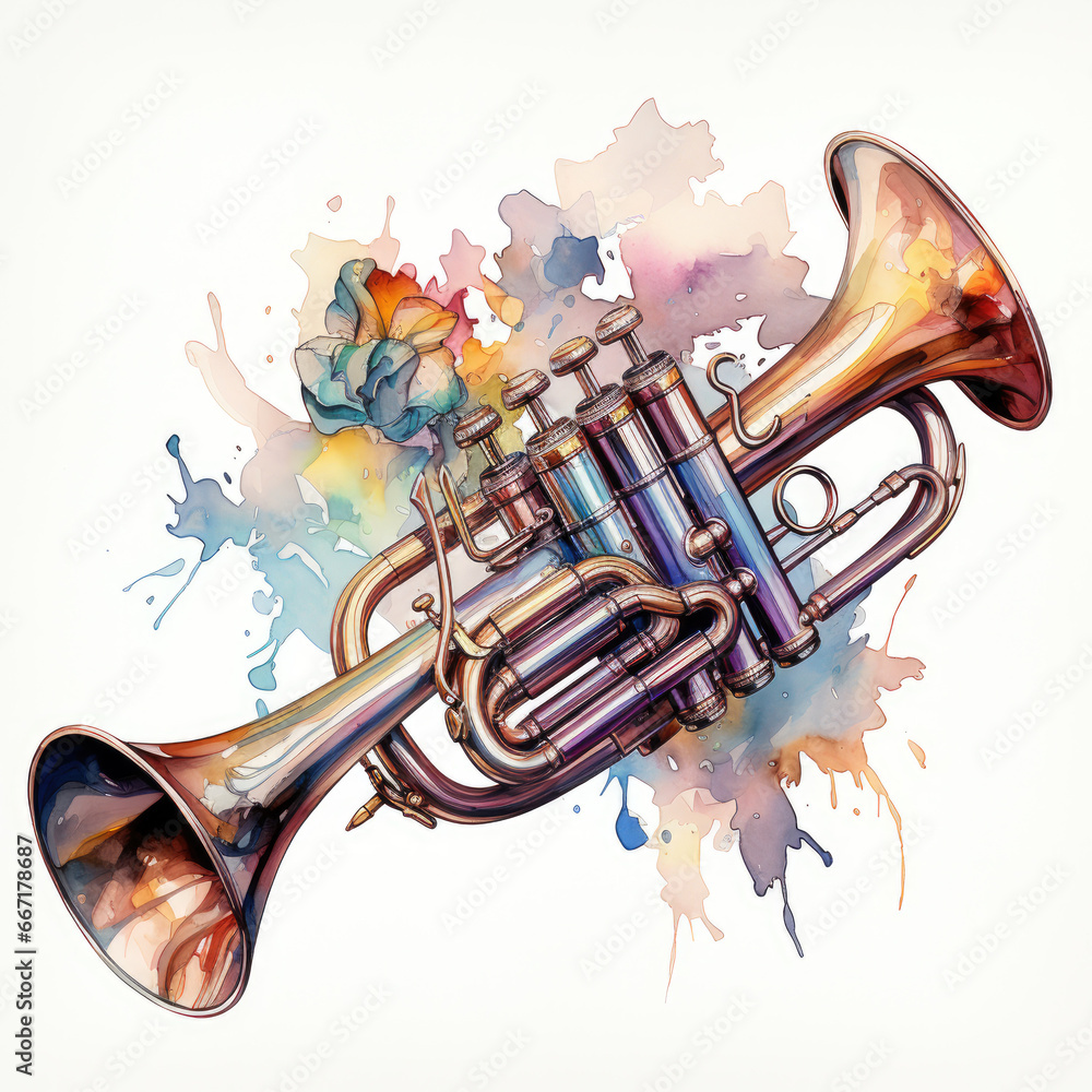 watercolor Trumpet full clipart, Generative Ai Stock Illustration ...