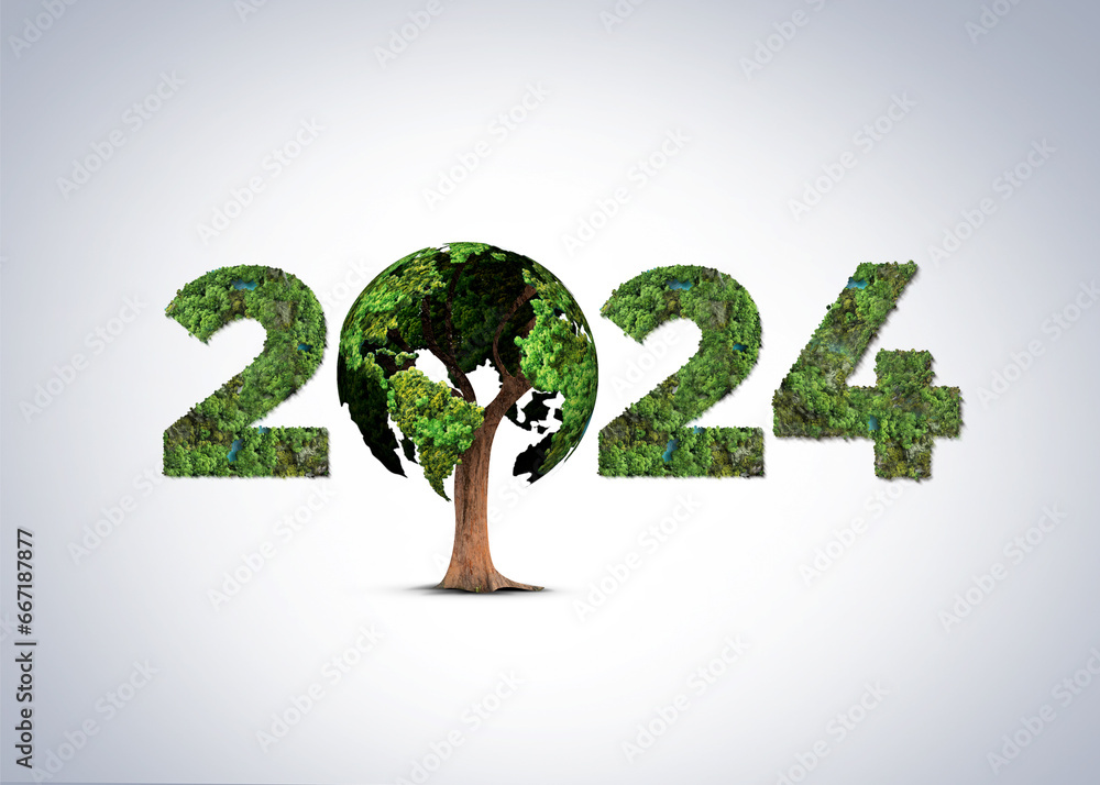 Happy New Year 2024 green tree and save our planet and earth ...