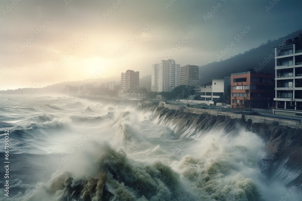 Destructive oceanic tsunami, high-rise buildings background. Natural ...