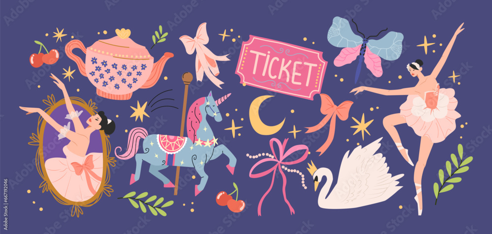 Cartoon set of ballet stickers and ballerina dancers. Groovy set of ...