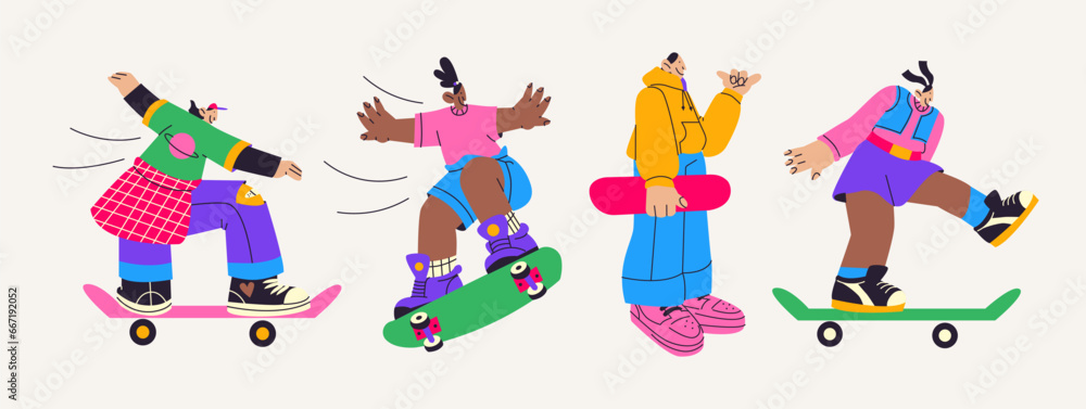 Cartoon characters skaters girls athletes. Active types of modern ...