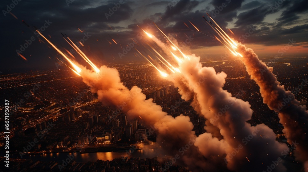 Missiles Launching Over City Skyline World War III Stock Illustration ...