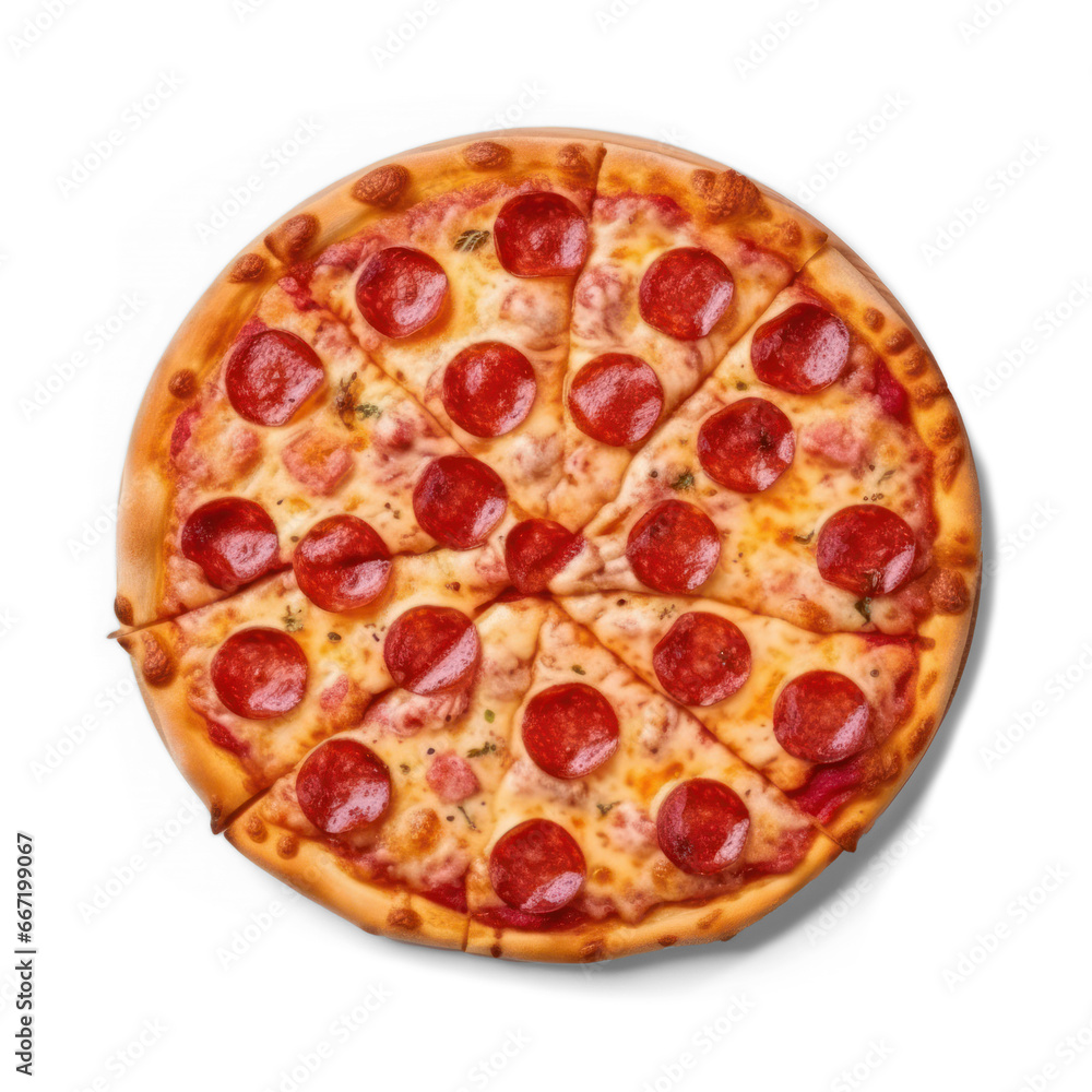 Delicious pepperoni pizza from above isolated on a white background. A ...