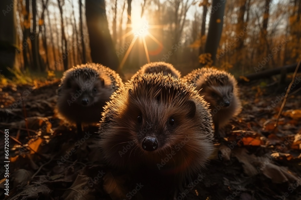 Igel-Familie im Wald bei Sonnenuntergang. Igel in der Natur als Makro ...