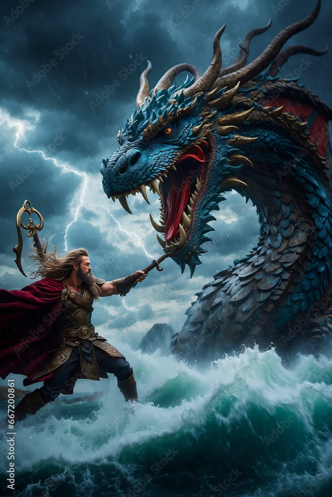 Odin the father of the gods fights against a blue dragon Stock Photo ...
