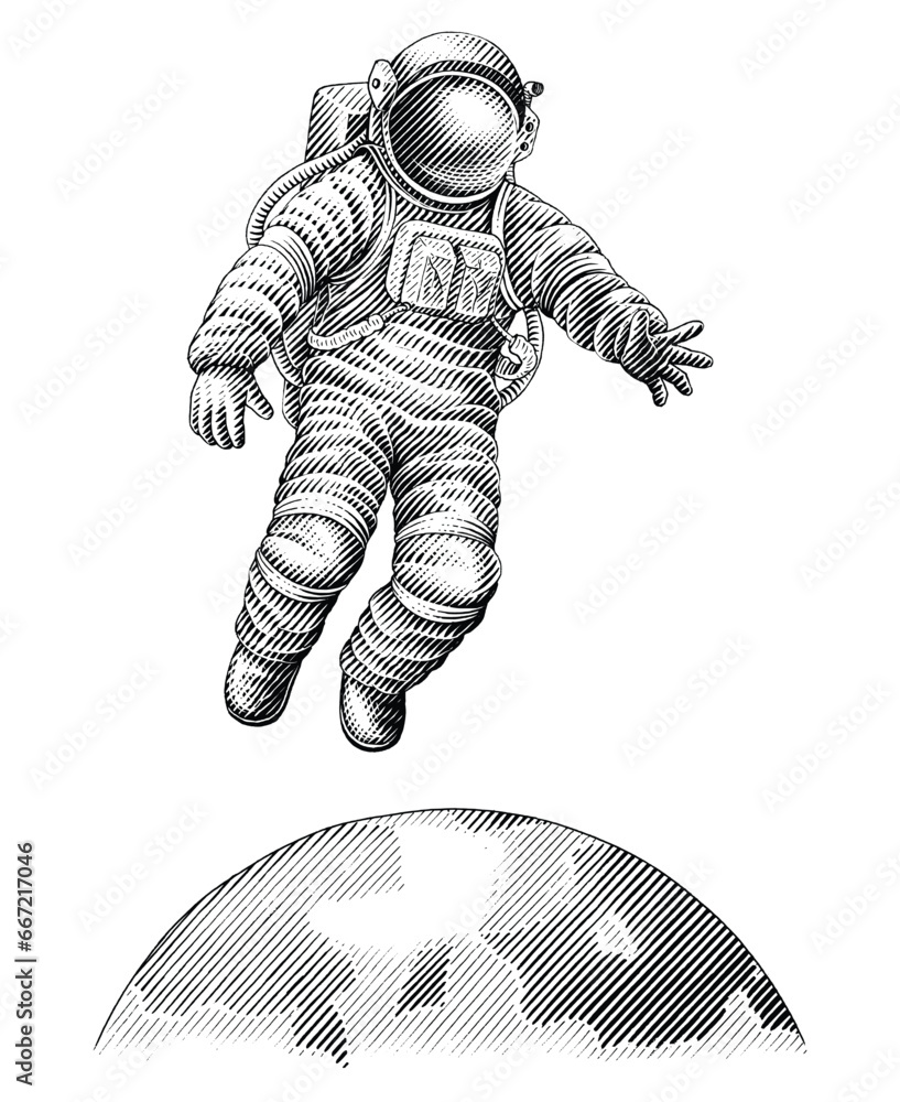 Astronaut hand drawing engraving style black and white clip art2 Stock ...