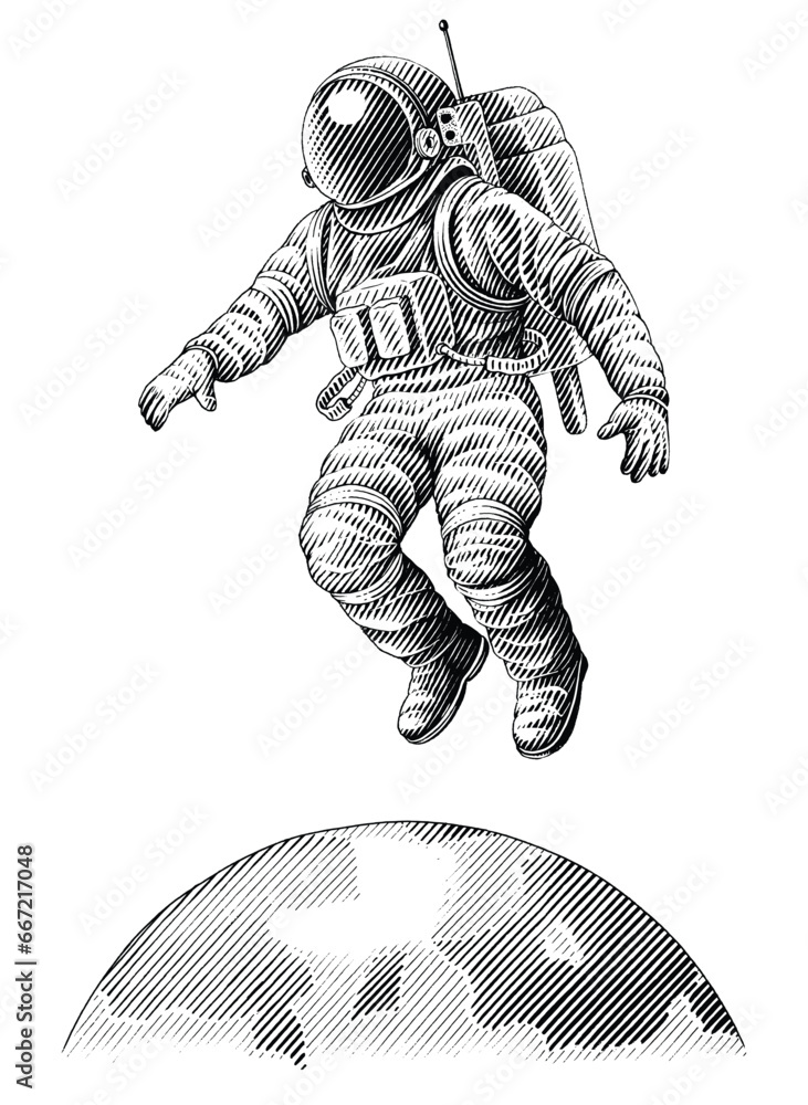 Astronaut hand drawing engraving style black and white clip art3 Stock ...
