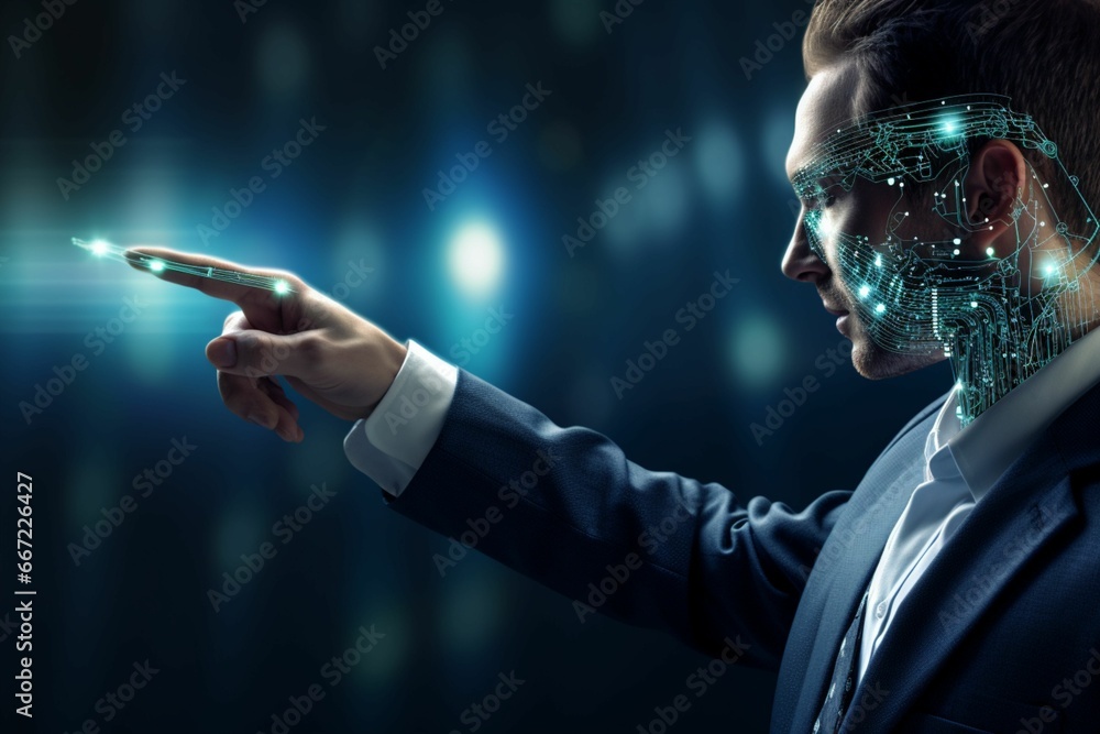 Cyber digital world android robot pointing finger computer coding AI chatbot background ...