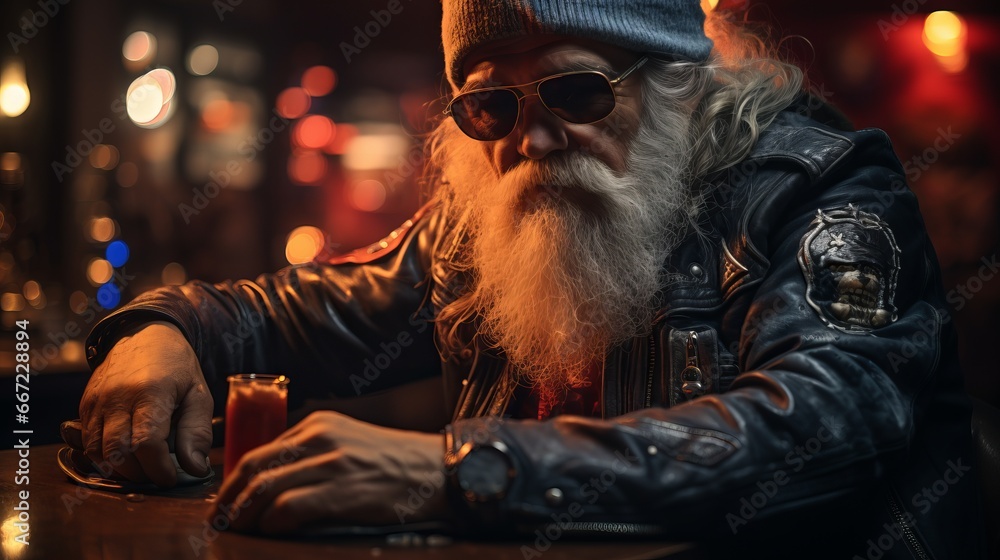Elderly male rocker in a bar. A grandfather with a white beard and a ...