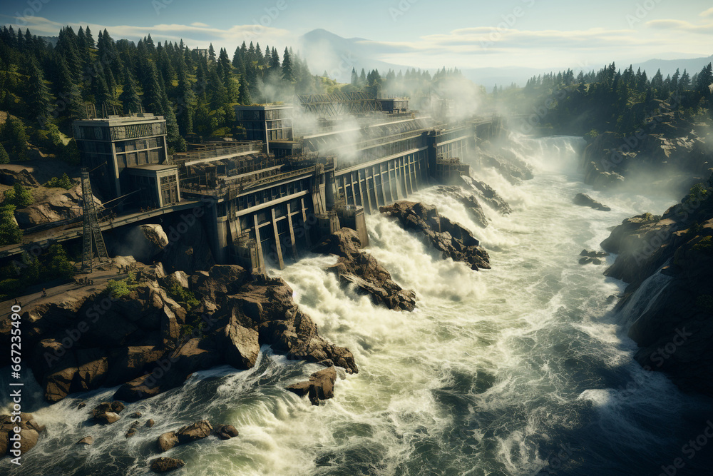 Hydroelectric dam with the raging water captured in motion ...
