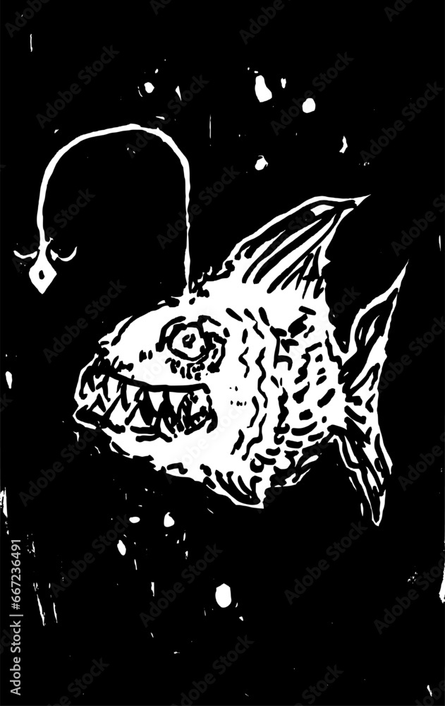 Vector drawing with fish, dark graphic fish. Underwater life, scary ...