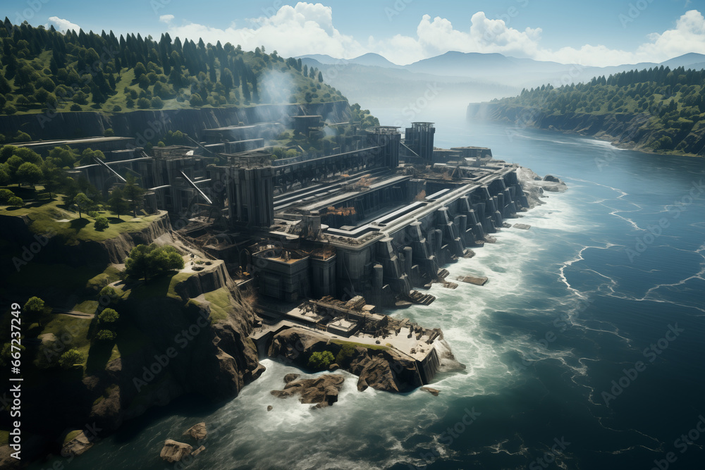 Hydroelectric dam with the raging water captured in motion ...