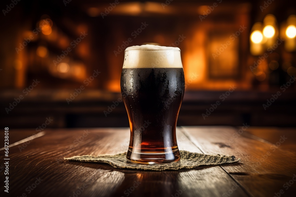 A traditional pint of Dry Stout basking in the inviting ambiance of an ...