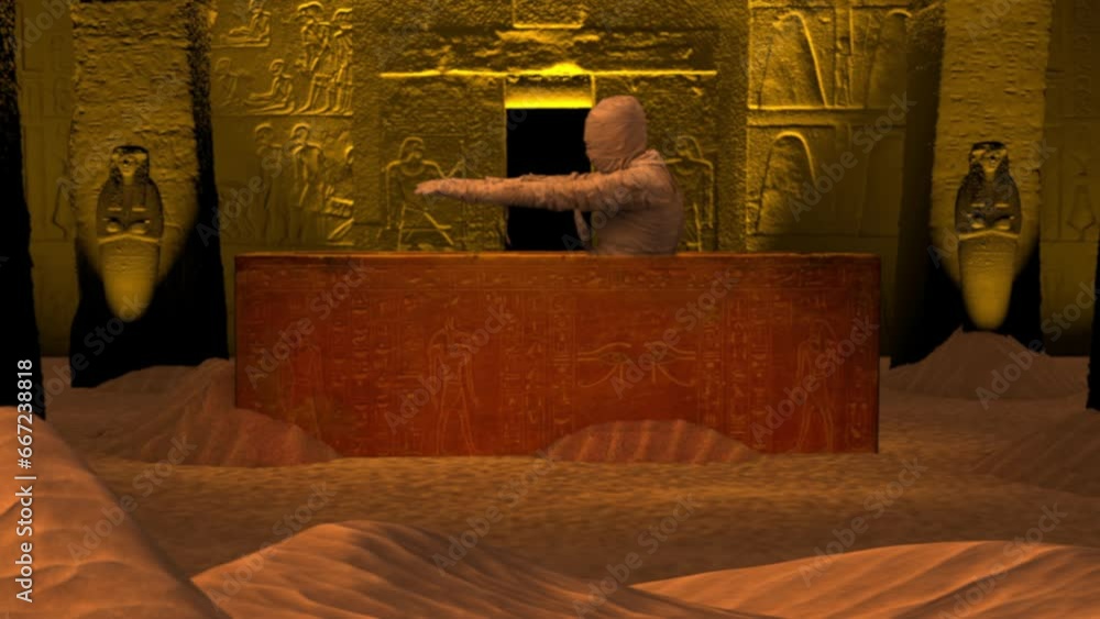 Egyptian pharaoh entombment. The mummy resurrecting, rising out of the ...