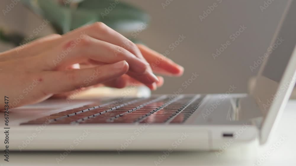 Social typing. Remote access. Female entrepreneur. Woman hands typing ...