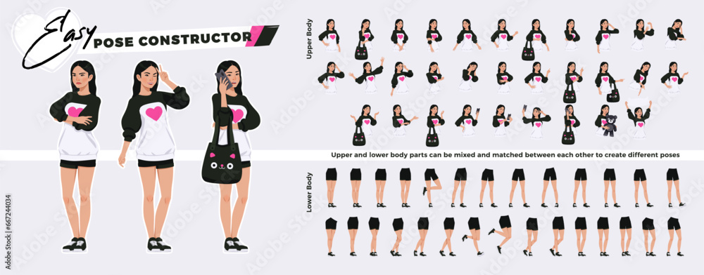 Asian girl, korean woman, oversized crewneck, cute character easy pose ...