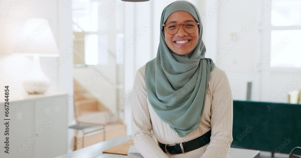 Muslim, office and business woman in portrait with laptop and workspace ...
