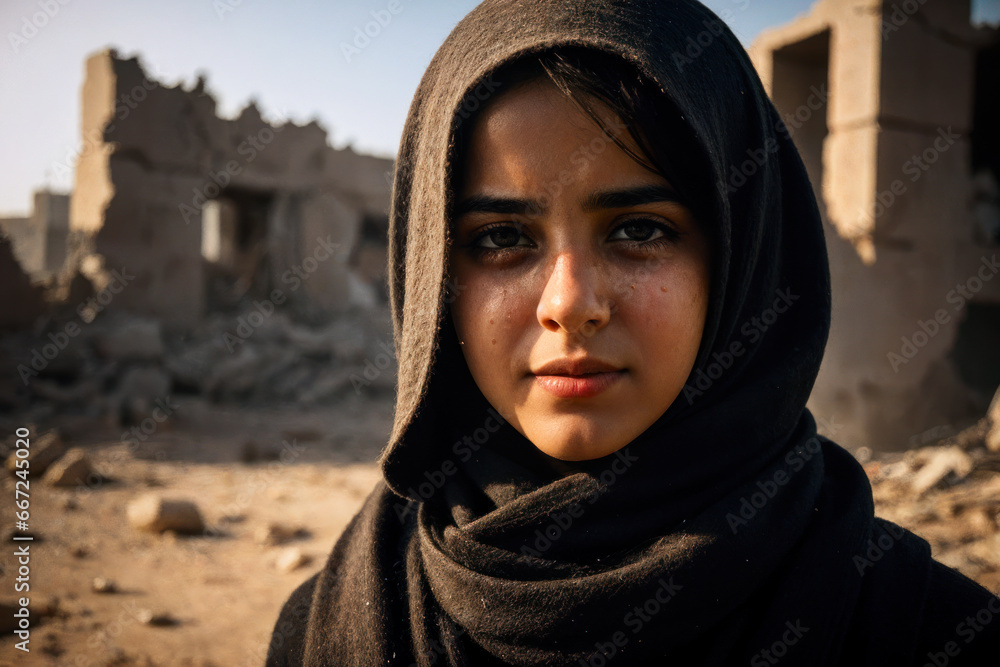 Portrait of the very young Palestinian girl wearing keffiyeh, crying ...