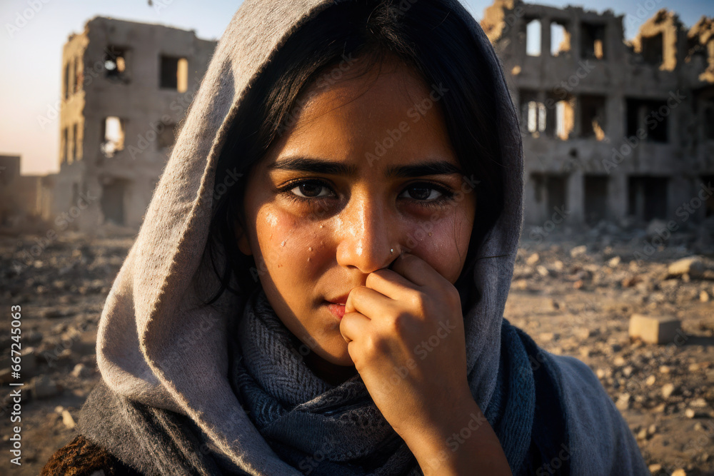Portrait of the very young Palestinian girl wearing keffiyeh, crying ...