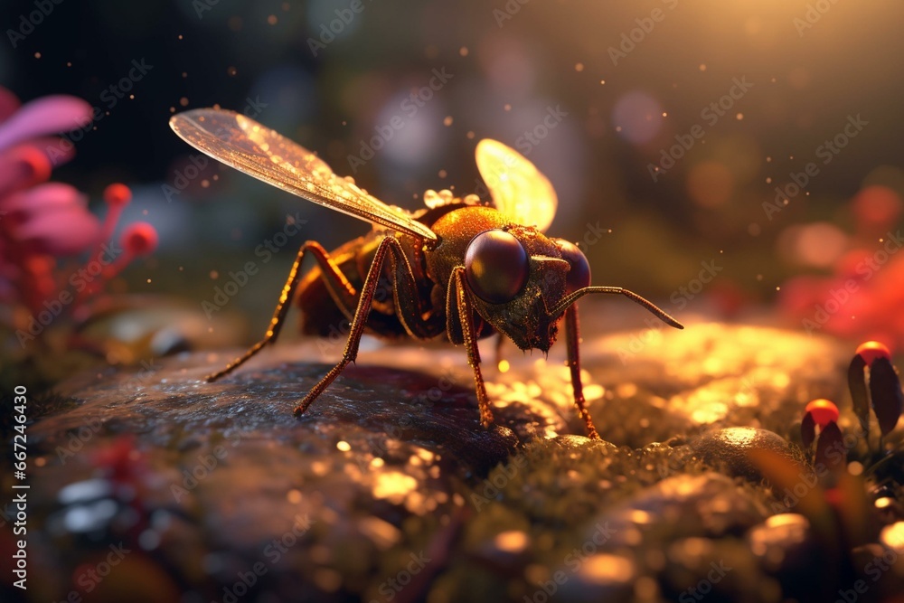 An imaginative portrayal of a butterfly and insect engaged in a playful game, boasting intricate ...