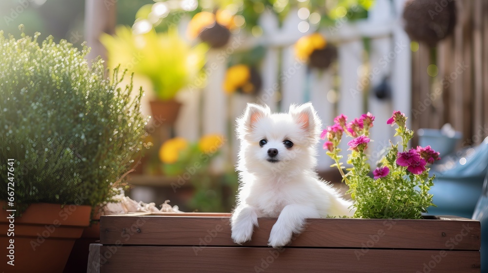 Sitting in a planter box is a tiny white fluffy puppy. Stock Photo ...