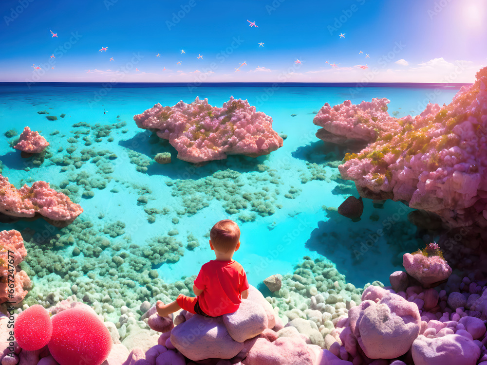 Generative A.I. Surreal Beach Scene, Boy Looking Out to Sea, Created ...