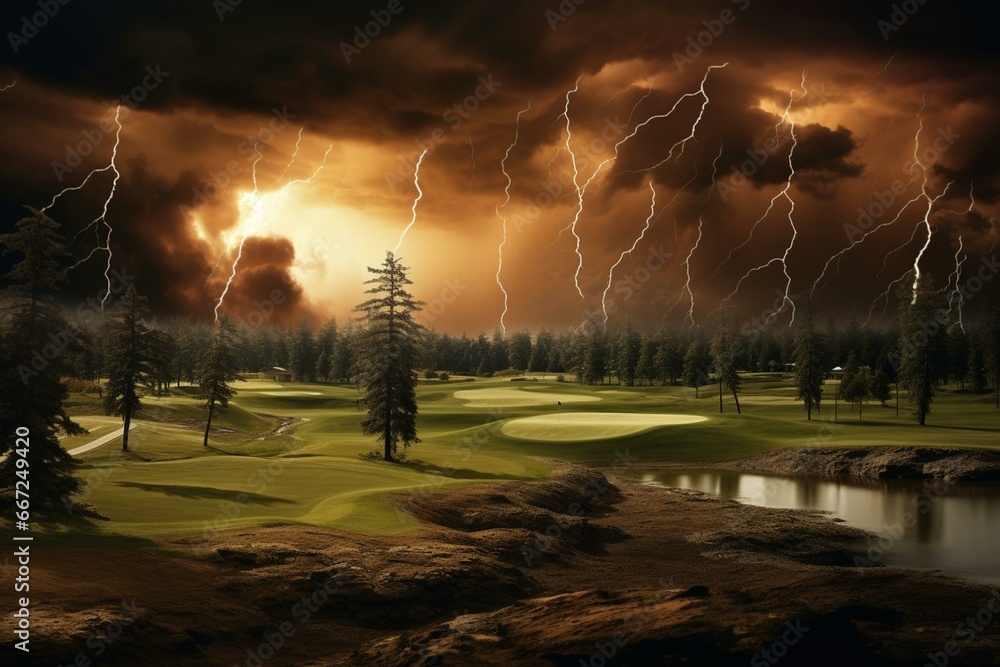 Golf course hit by lightning in eerie sky, resulting in destruction ...