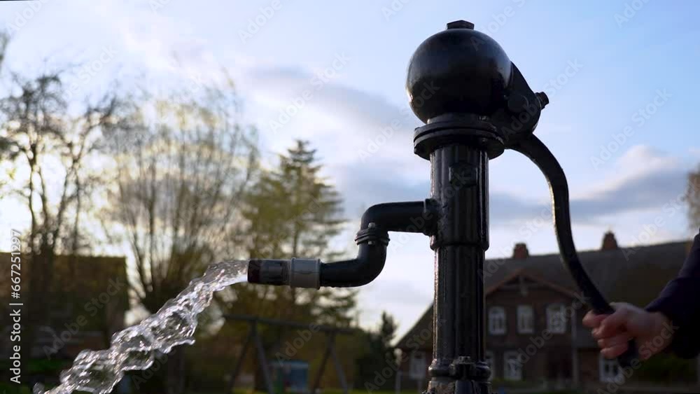 Person pumps water from a water pump. Symbol of water scarcity Stock ...