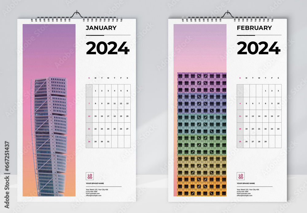 Colorful Buildings Wall Calendar 2024 Layout Stock Template | Adobe Stock