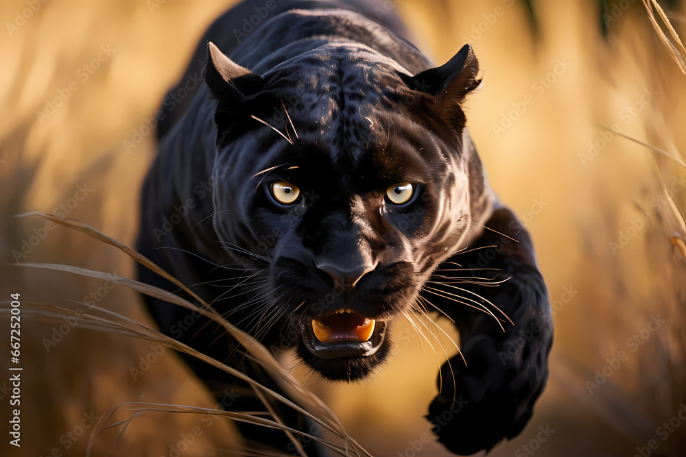 black panther running after its prey in the wild, focused shot ...