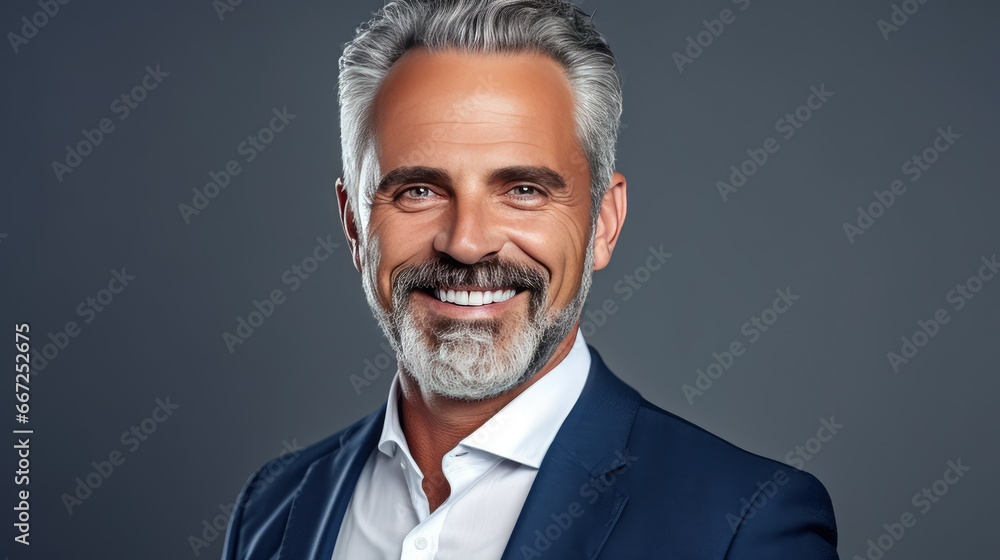 Confident, successful executive with salt-and-pepper hair, sharp blue ...
