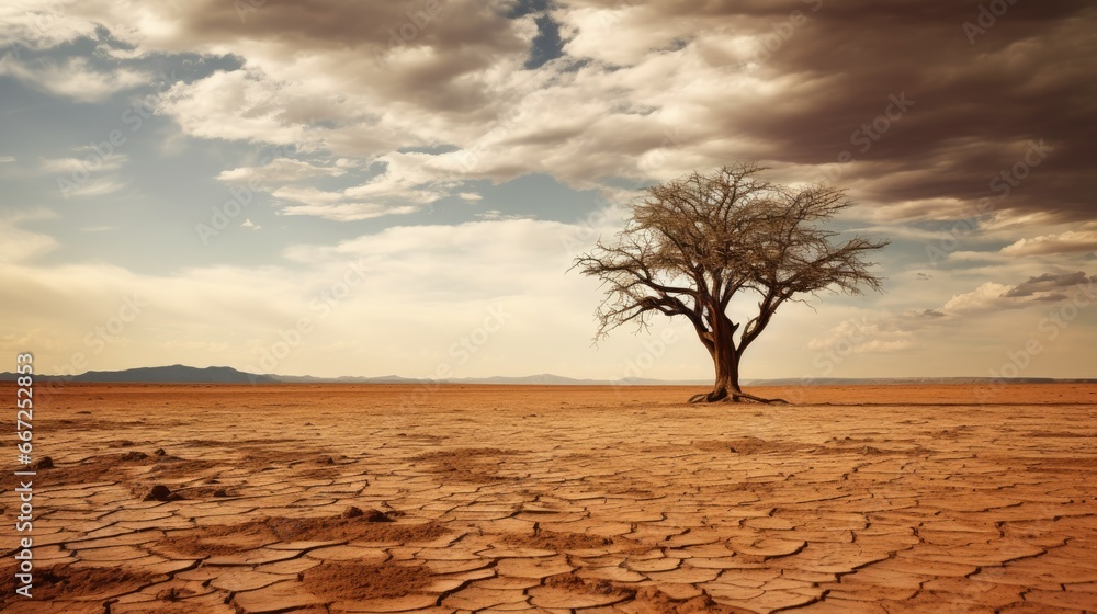 A lone tree stands resilient in a barren desert, its leafless branches ...