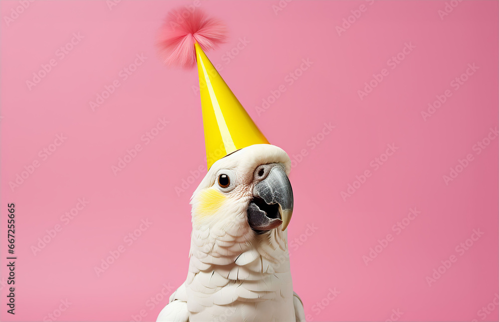 Happy white cockatoo parrot with yellow cheeks wearing party paper hat ...