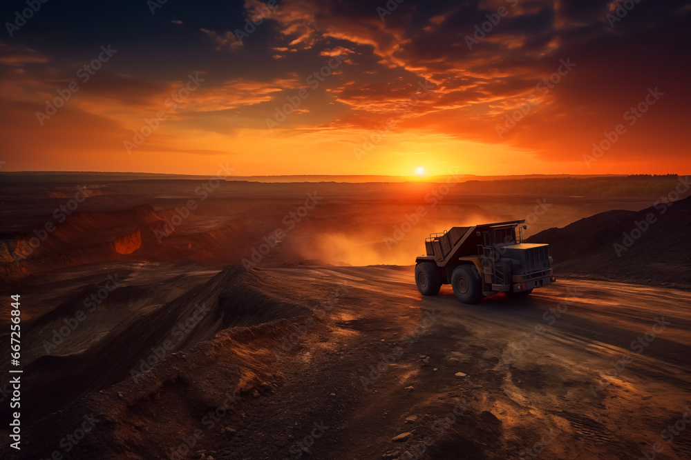 Mining truck in opencast on sunset. Electric EV futuristic mining truck ...