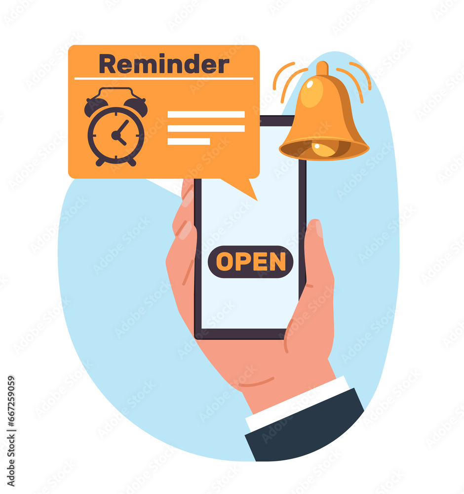 Smartphone hand with reminder of an important event. Yellow calling ...