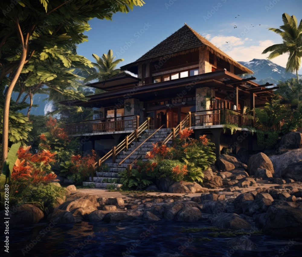 a landscaped house is shown in the garden, in the style of jessica ...