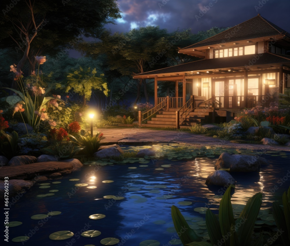 a landscaped house is shown in the garden, in the style of jessica ...