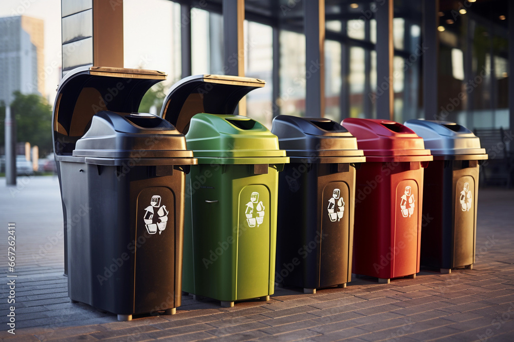 Collection of waste bins full of different types of garbage, recycling ...