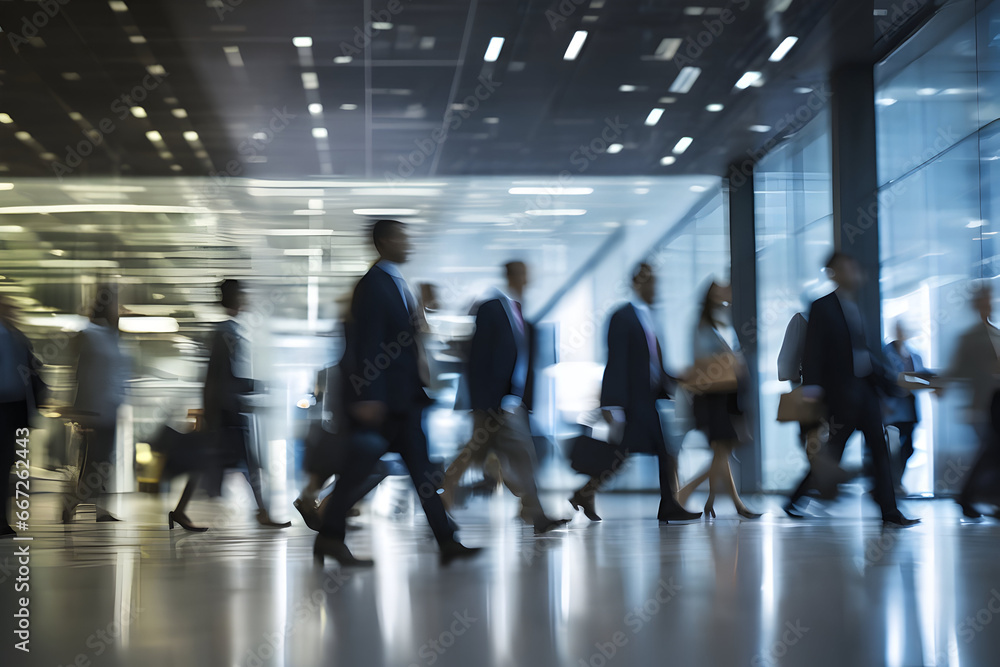 Long exposure shot of crowd of business people walking in bright office ...