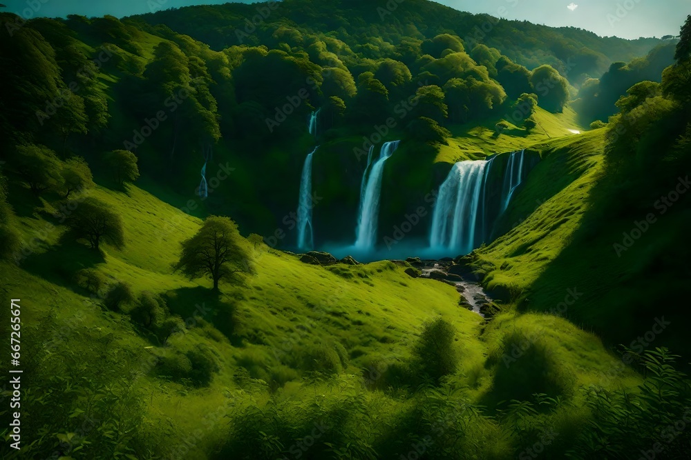 During the evening, beneath a clear blue sky, a stunning waterfall ...