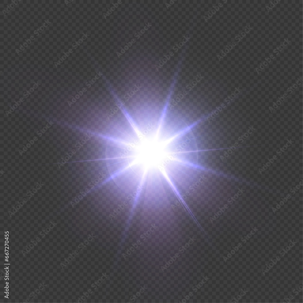 Glow of a purple star on a transparent background. Flash of light, sun ...