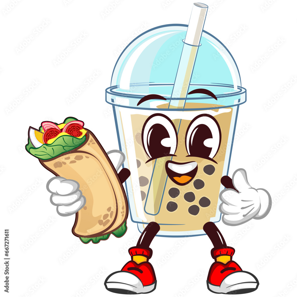 character mascot of a glass of iced boba with a funny face carrying a ...
